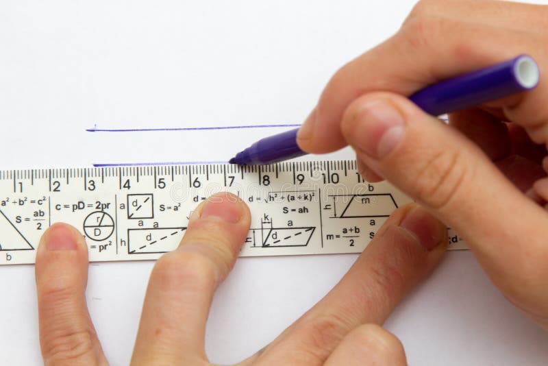 Female`s Hand Holding Pencil and Ruler Drawing on Blank Notebook Paper ...