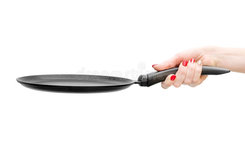 Female S Hand Holds Frying Pan. Isolated on White Stock Image - Image ...