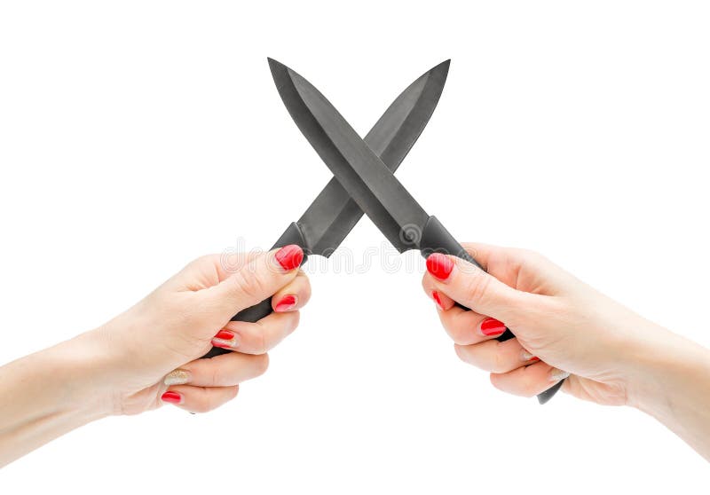 Female S Hands Crossed Kitchen Knives. Isolated on White Stock Image ...