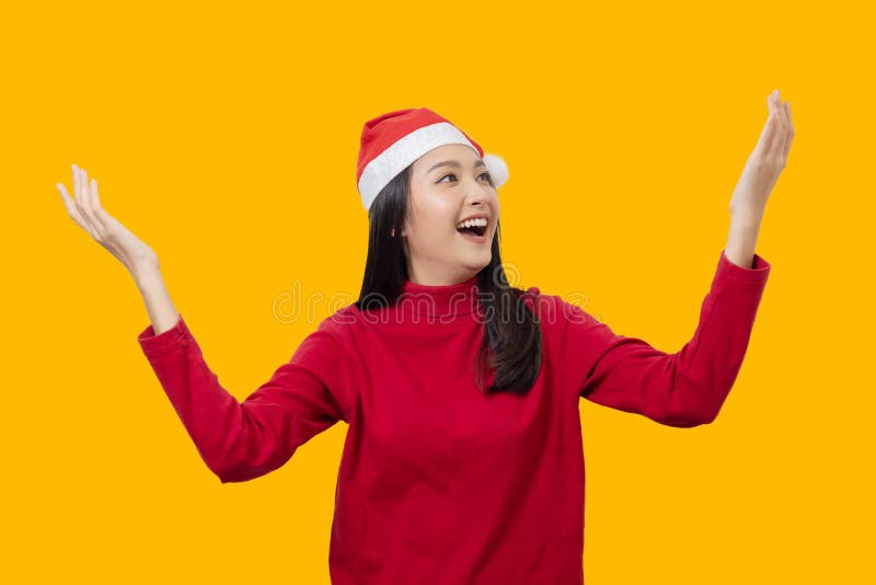Female Santa Claus with Open Hands Presenting Gesture Stock Image ...