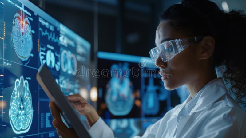 Female Scientist Analyzing Data on Computer Screen Stock Illustration ...