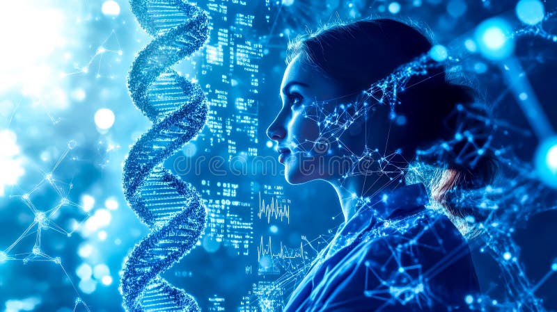 Female Scientist Analyzing Dna Structure with Futuristic Interface ...