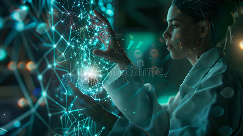 Female Scientist Analyzing Futuristic Network of Connections ...