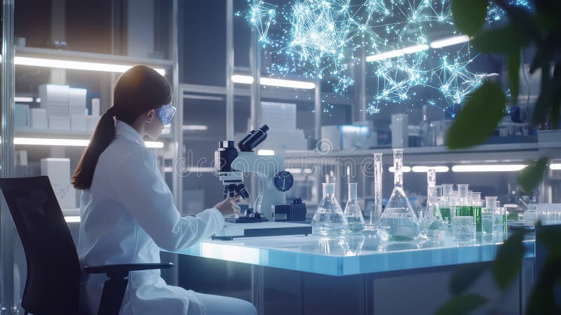 Female Scientist Analyzing Molecular Data with Microscope in Modern Lab ...