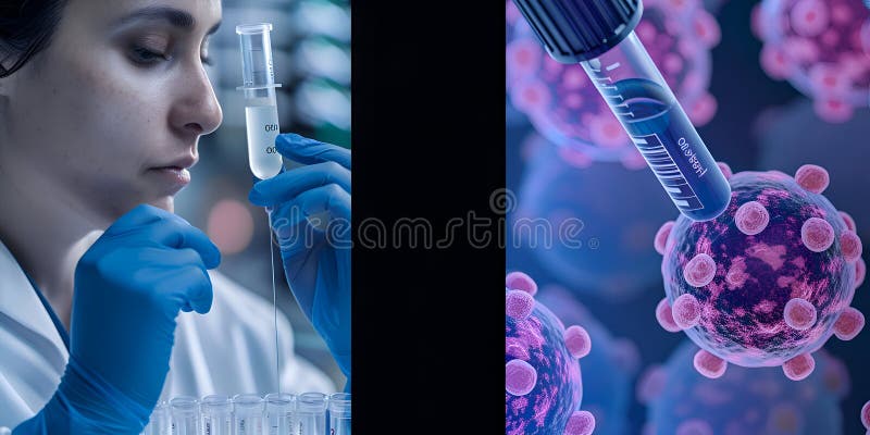 Female Scientist Analyzing Test Tube with Virus Visualization in ...