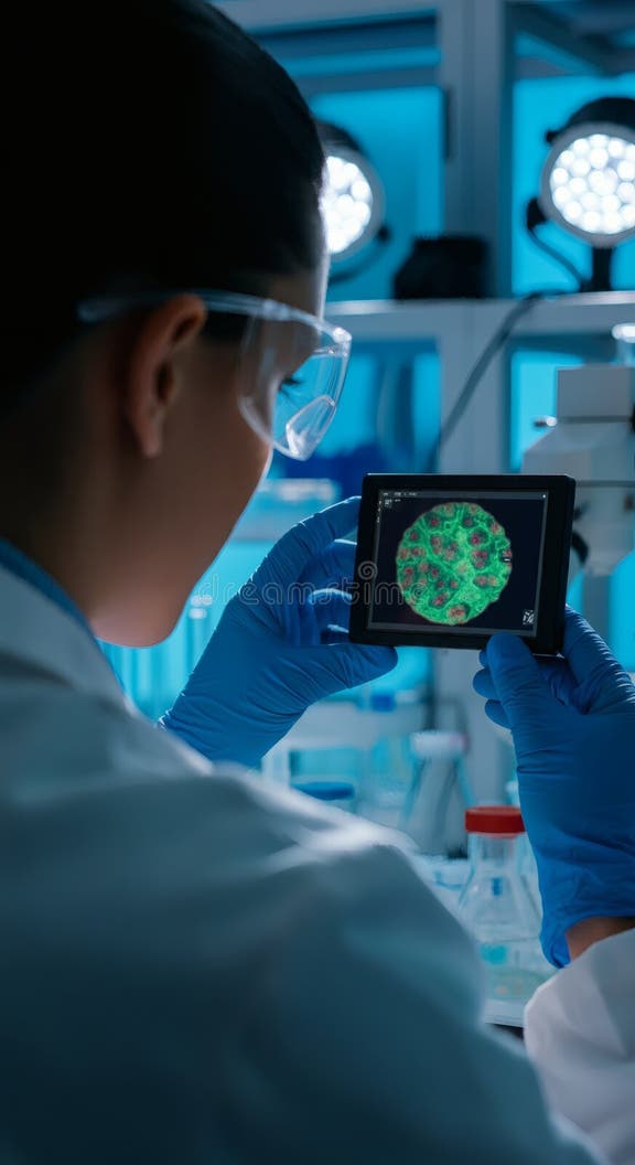 Female Scientist Analyzing Cell Structure on Computer Screen ...