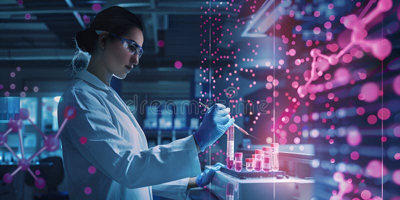 Scientist Working in Laboratory with Test Tubes and Data Visualization ...