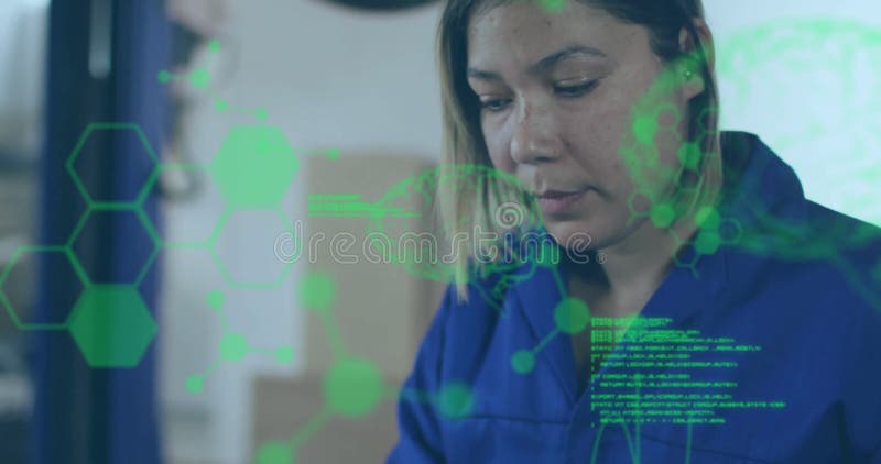 Female Scientist Examining Holographic AR Interface in Tech Lab with ...