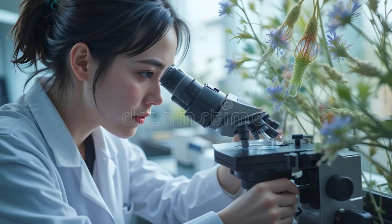 "Female Scientist Examining Specimen Under Microscope in Botanical Lab ...
