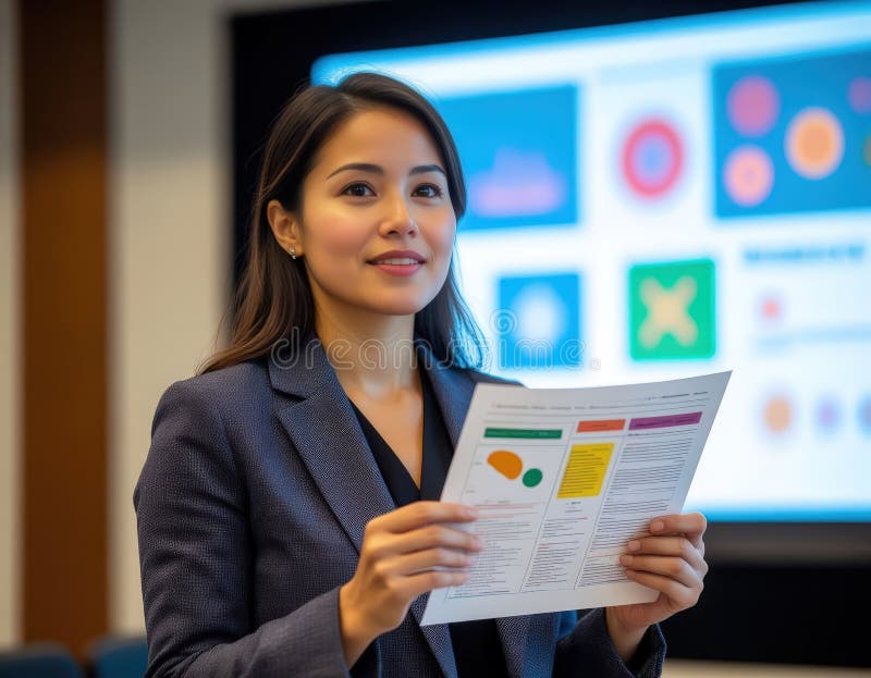 Female Scientist Holds a Chart during a Presentation at a Science ...