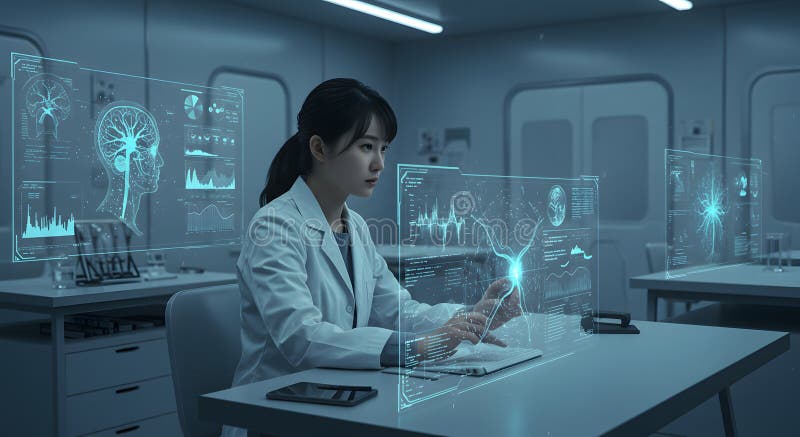 Woman Scientist Working with Futuristic Holographic Interface in Modern Lab Stock Illustration ...
