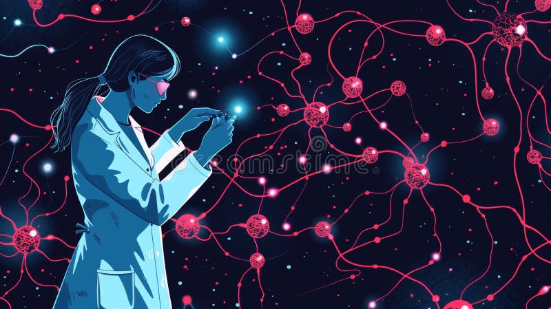 The Female Scientist in a Lab Coat is Checking Artificial Neurons ... The Female Scientist in a Lab Coat is Checking Artificial Neurons ...