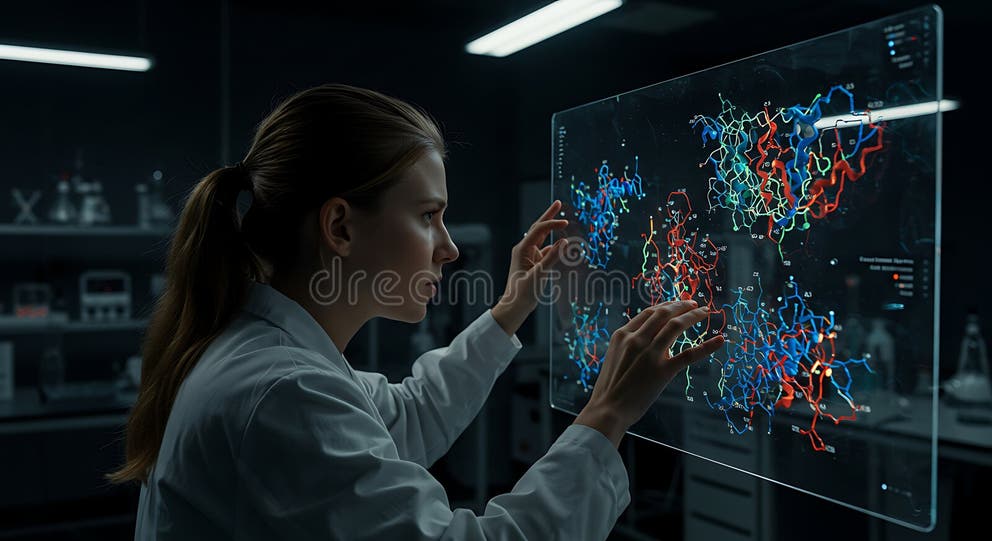 Scientist Interacting with Futuristic Molecular Data Display in Laboratory Setting Stock ...