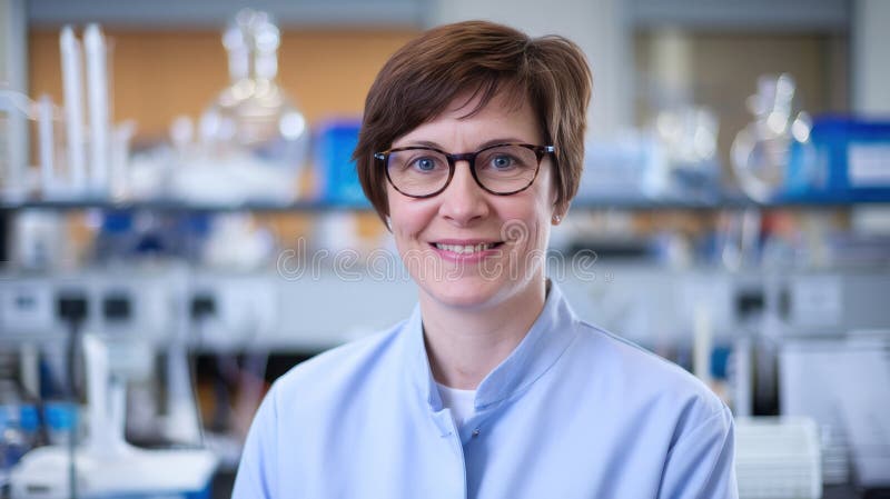 Female Scientist in a Lab Coat Smiles Confidently in a Modern ...