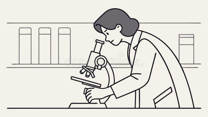 A Female Scientist in a Lab Coat Using a Microscope. Vector Design ...