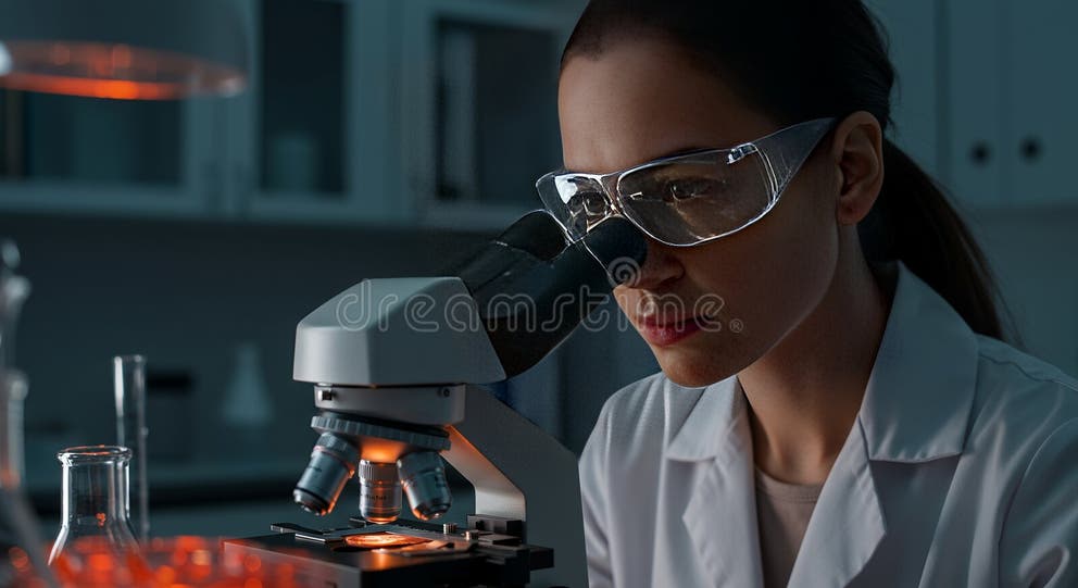 A Focused Female Scientist in a Laboratory, Wearing Safety Glasses ...