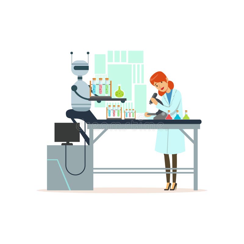 Female Scientist and Robotic Arm Conducting Experiments in a Modern ...