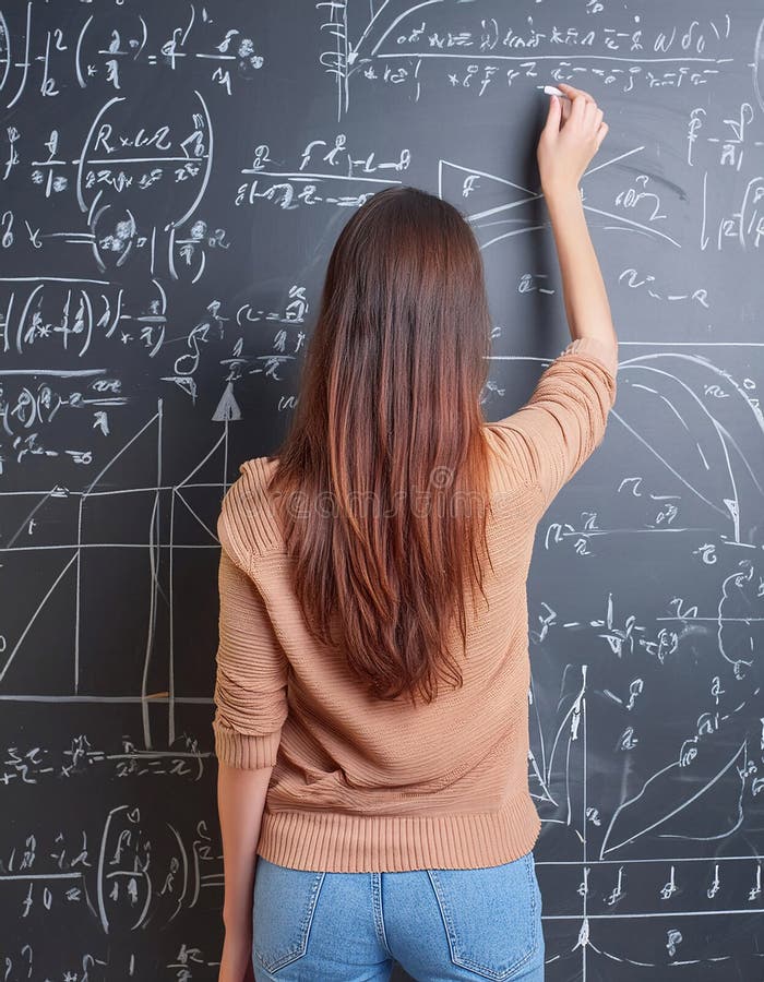 Female Scientist Solving Complex Equations on Chalkboard: Advanced ...