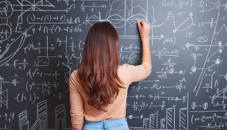 Female Scientist Solving Complex Equations on Chalkboard: Advanced ...