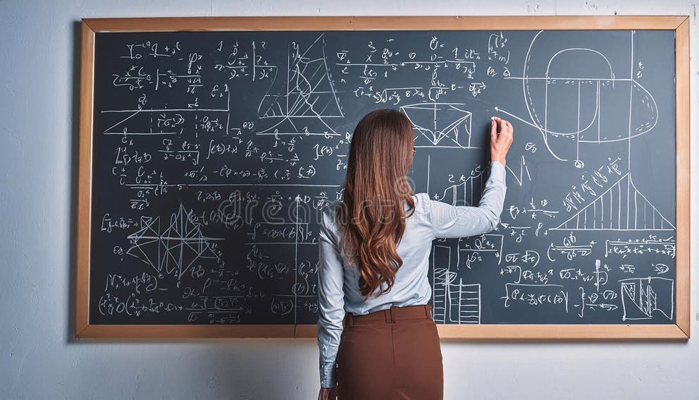Female Scientist Solving Complex Equations on Chalkboard: Advanced ...
