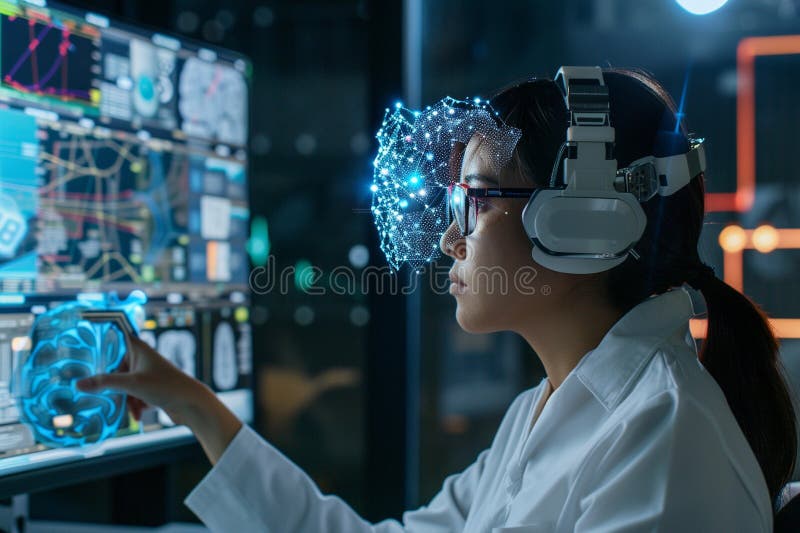Female Scientist Studying a Virtual Brain Model Stock Illustration ...