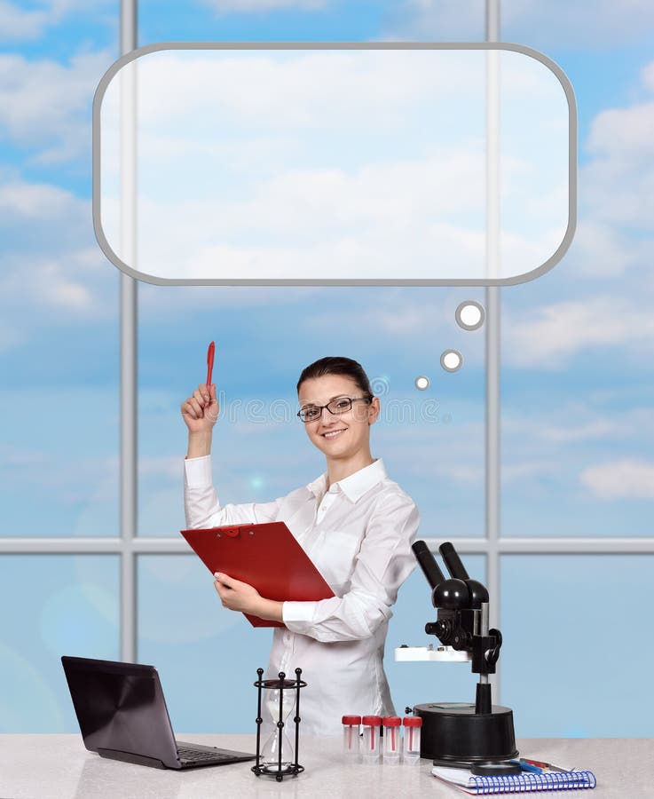 Female scientist thinking stock image. Image of magnification - 68113235