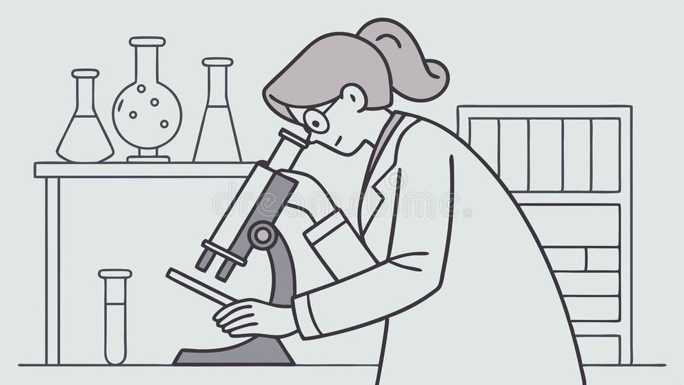 Female Scientist Using a Microscope in a Lab Line Art Art, Vector ...