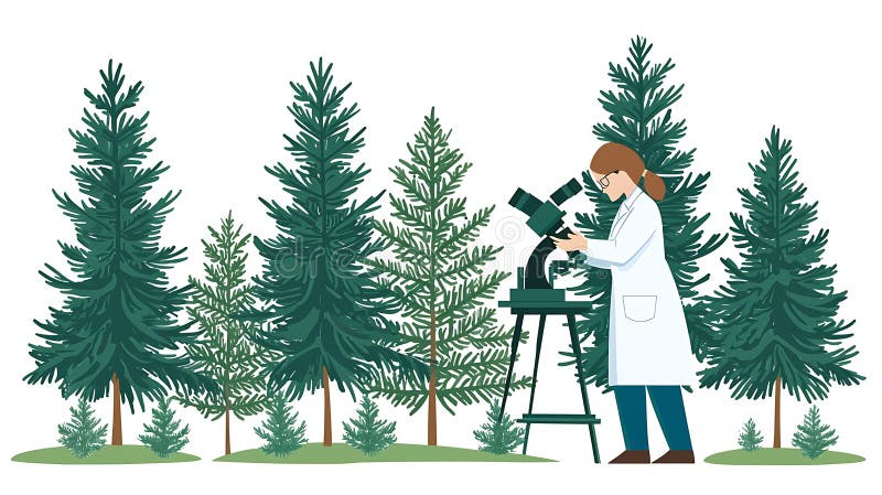 Female Scientist Using a Microscope To Study Pine Trees in a Forest ...