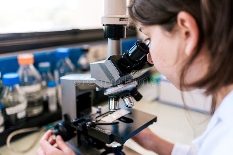 Female Scientist Using Microscopy in Laboratory Stock Image - Image of ...
