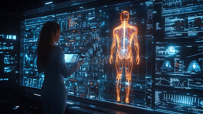 A Female Scientist Working on a Holographic Projection of a Human Body ...