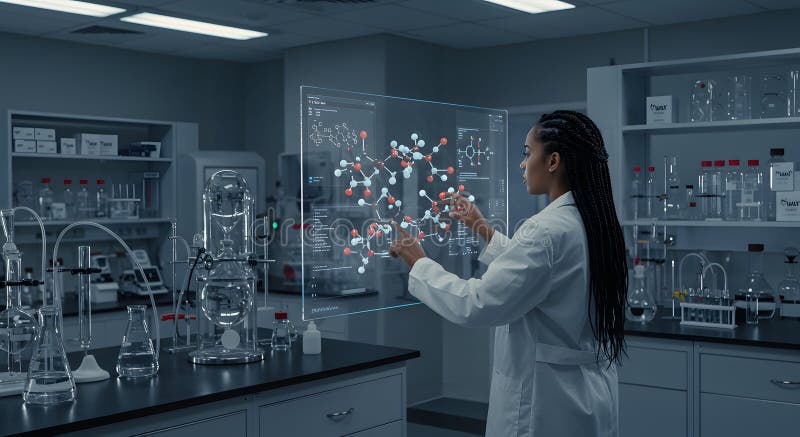 Female Scientist Working with Interactive Holographic Display in Modern Lab Stock Illustration ...