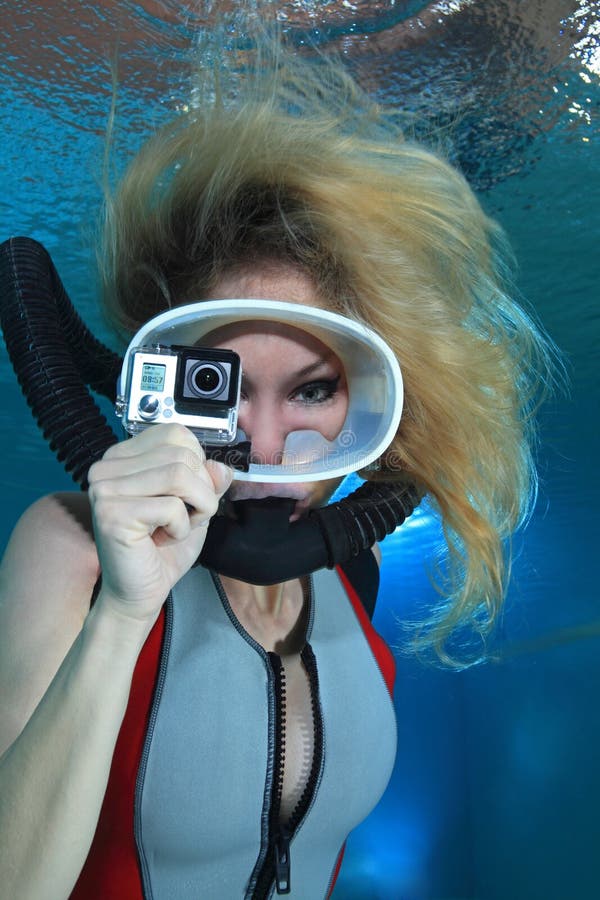 Female Scuba Diver with Action Camera Stock Photo - Image of life ...