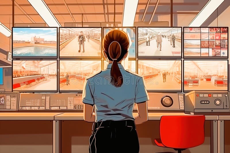A Female Security Guard Looks at the Surveillance Camera Monitors from ...