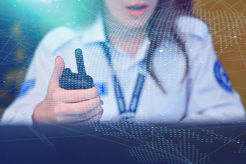 Female Security Guard Operator Talking on the Phone, Calling in the ...