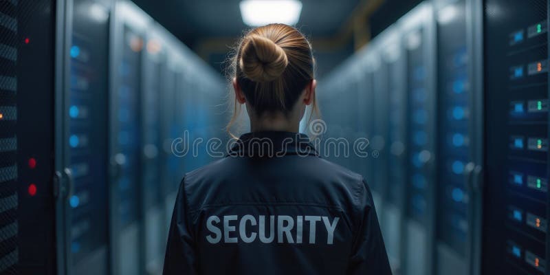Female Security Guard in Server Room, Back View, Data Protection. Cyber ...