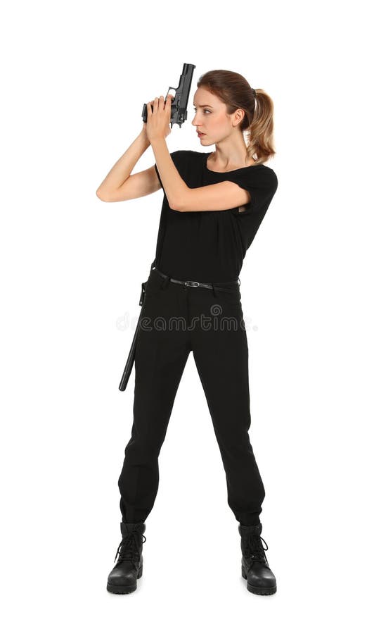 Female Security Guard in Uniform with Gun on Background Stock Photo ...