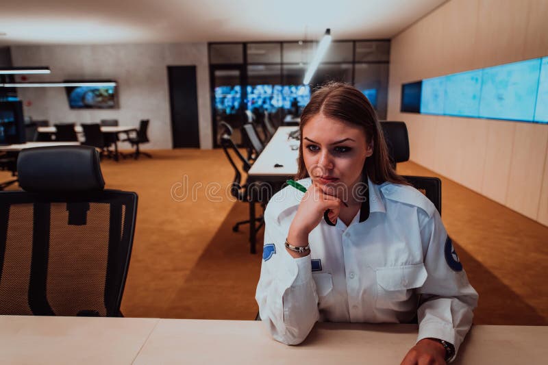 Female Security Operator Working in a Data System Control Room Offices ...