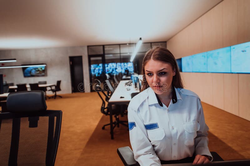 Female Security Operator Working in a Data System Control Room Offices ...