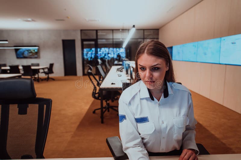 Female Security Operator Working in a Data System Control Room Offices ...