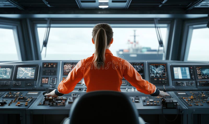 Female Ship Captain Navigating Vessel from Bridge with Advanced Control ...