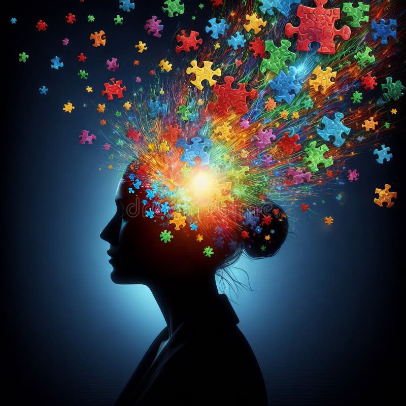 Female Silhouette with Colorful Puzzle Explosion Representing ...