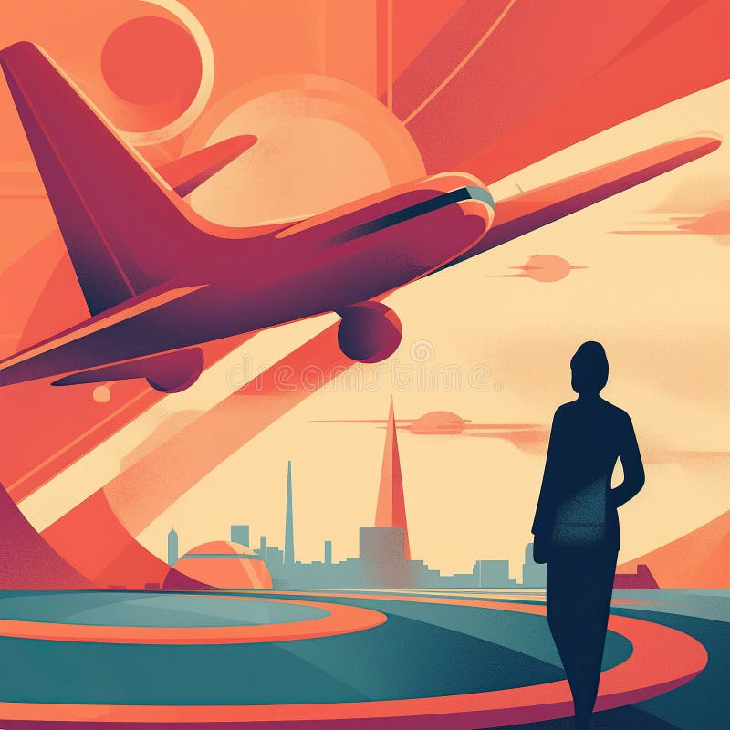 Female Silhouette Standing and Watching an Airplane Take Off. Retro ...