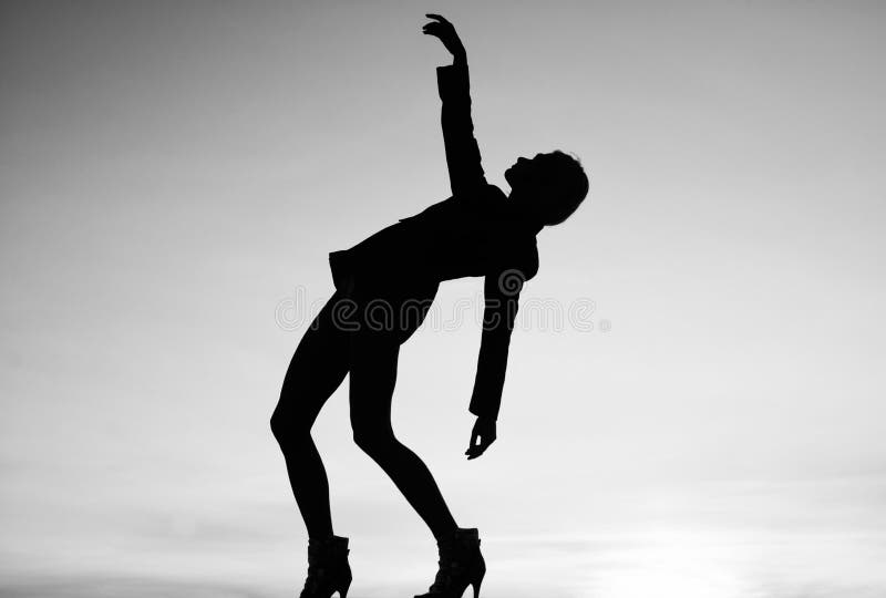 Female Silhouette On Sunset Woman Dance In Dark Dark Figure Shape
