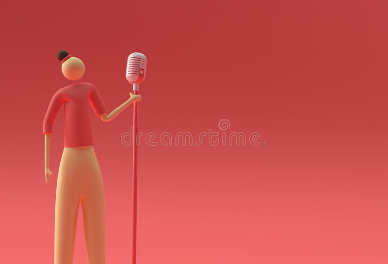 Female Singer Cartoon in Front of a Vintage Microphone 3D Render Design ...