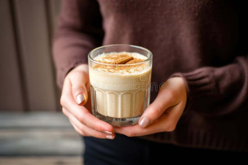 Female Sipping Rice Pudding Drink from a Glass Mug Stock Image - Image ...