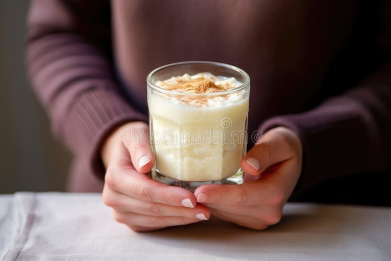 Female Sipping Rice Pudding Drink from a Glass Mug Stock Photo - Image ...