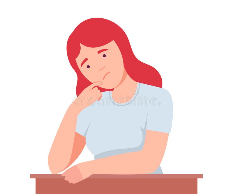 Female Sitting at Table with Pensive Face Expression Thinking and ...