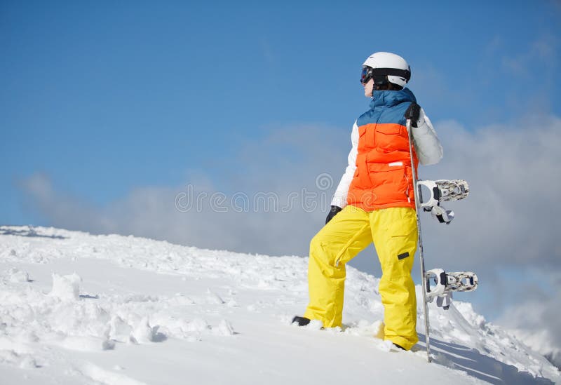 Female Snowboarder Against Sun and Sky Stock Photo - Image of girls ...