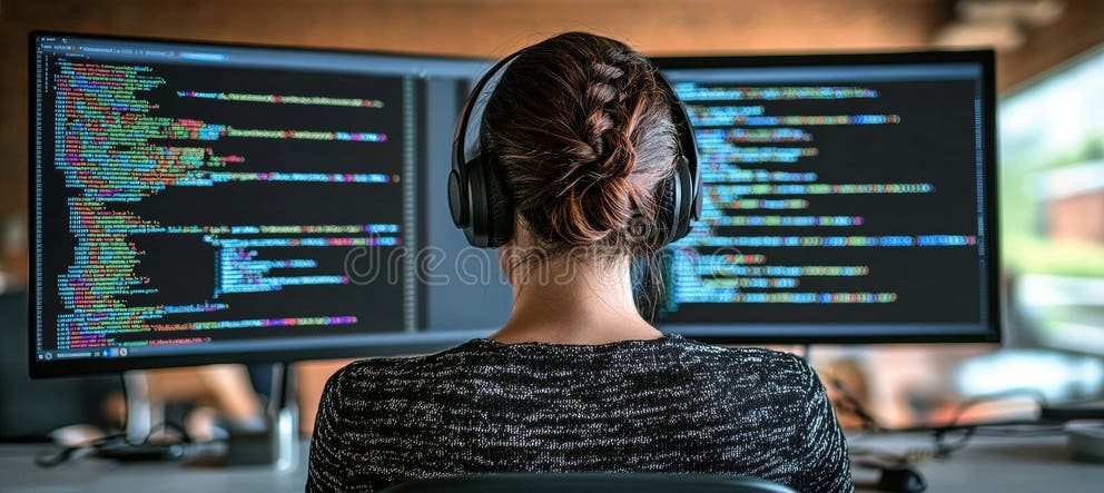 Female Software Developer Immersed in Code on Dual Monitors, Building Innovative Solutions Stock ...