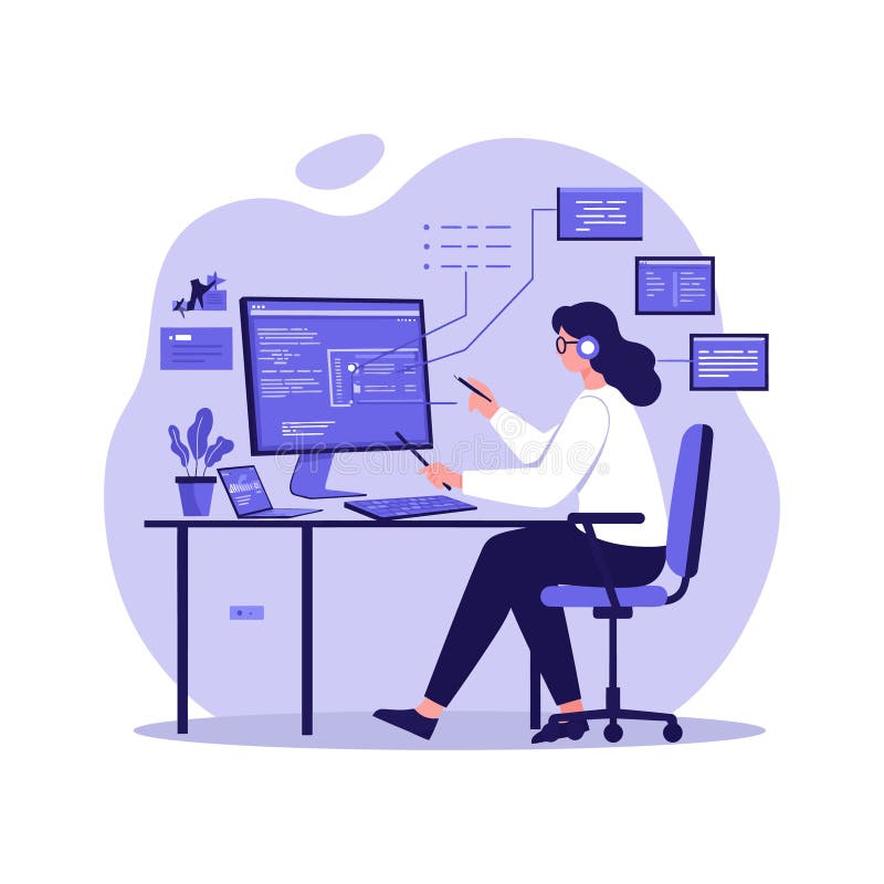 Female Software Developer Programming At Desktop Computer With Multiple